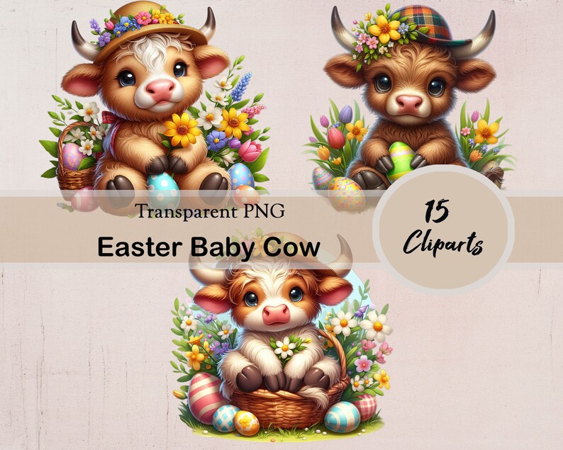 Easter Highland Cow Clipart, 15 PNG Spring Highland Cow Clipart, Baby ...
