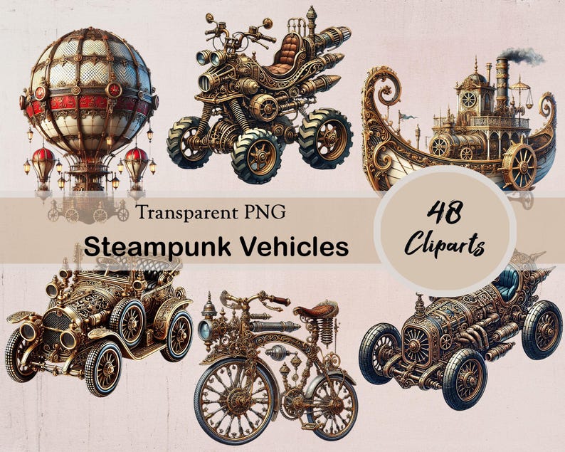 Steampunk Vehicles, 48 PNG Steampunk Cliparts, Watercolor, Steampunk ...