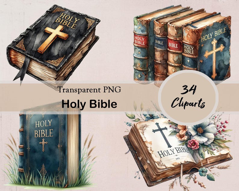 Holy Bible Clipart Bundle, Watercolor Holy Book, 34 PNG Cliparts, Faith ...