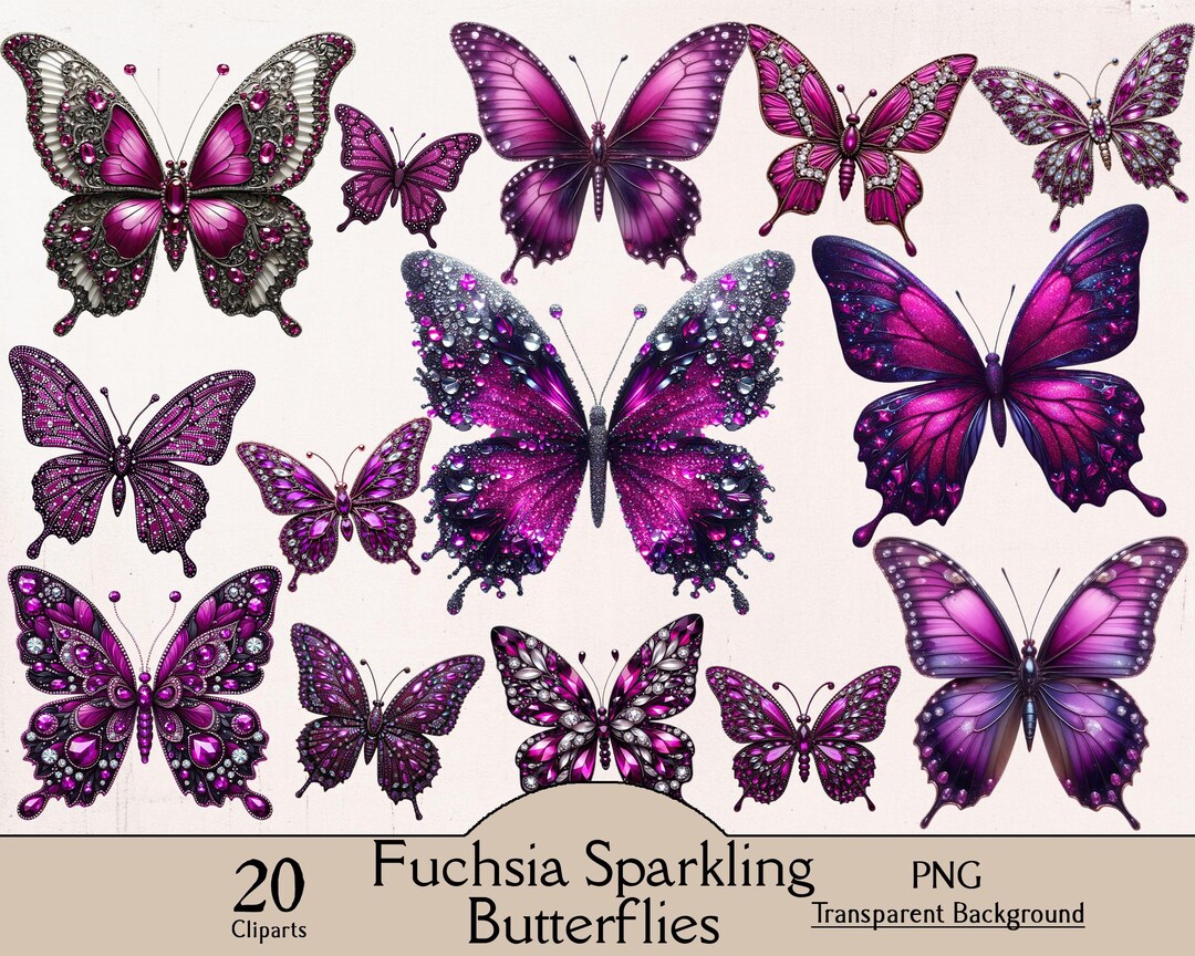 Fuchsia Sparkling Butterfly, Glitter Butterfly, 20 PNG Cliparts ...