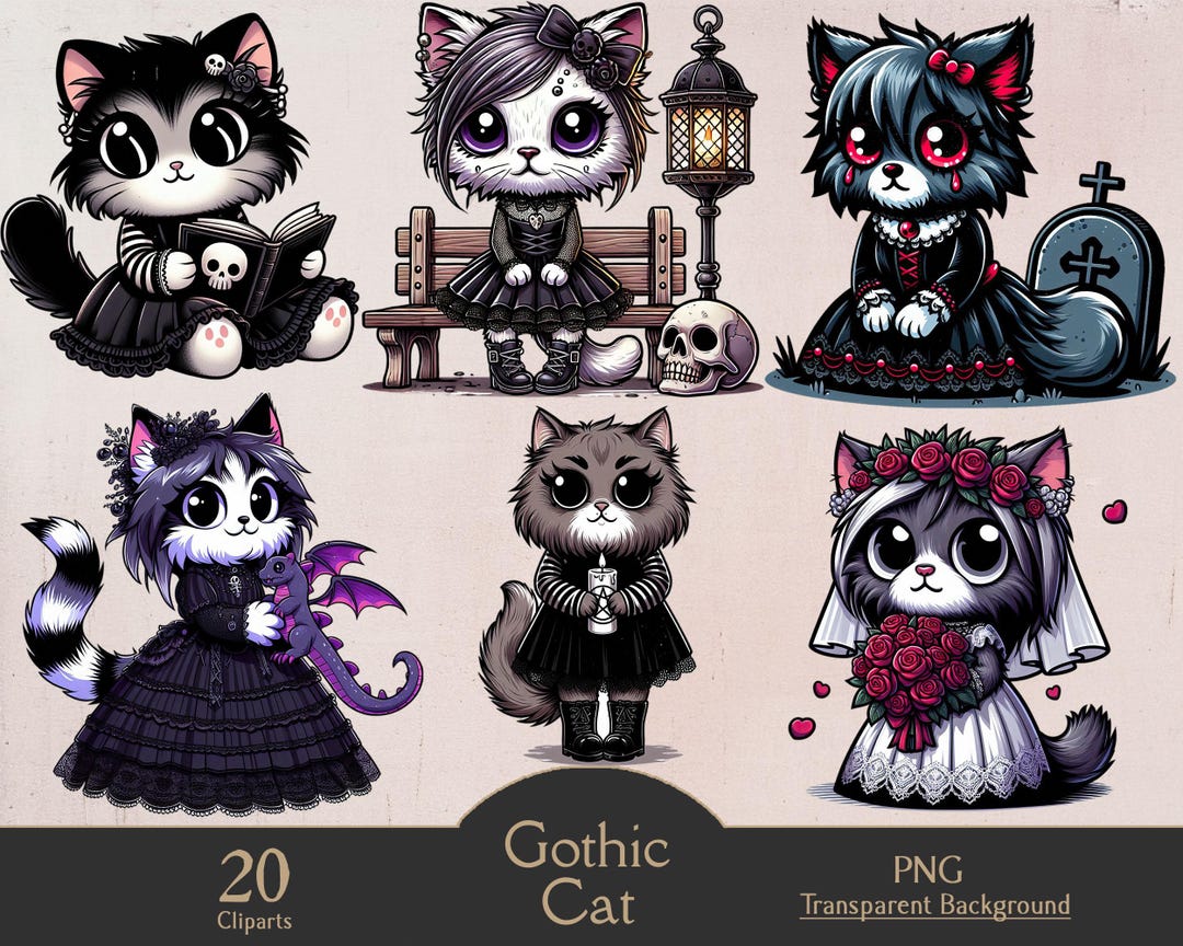 Gothic Cat, 20 PNG Cliparts, Whimsical Cat, Fantasy, Magic, Digital ...