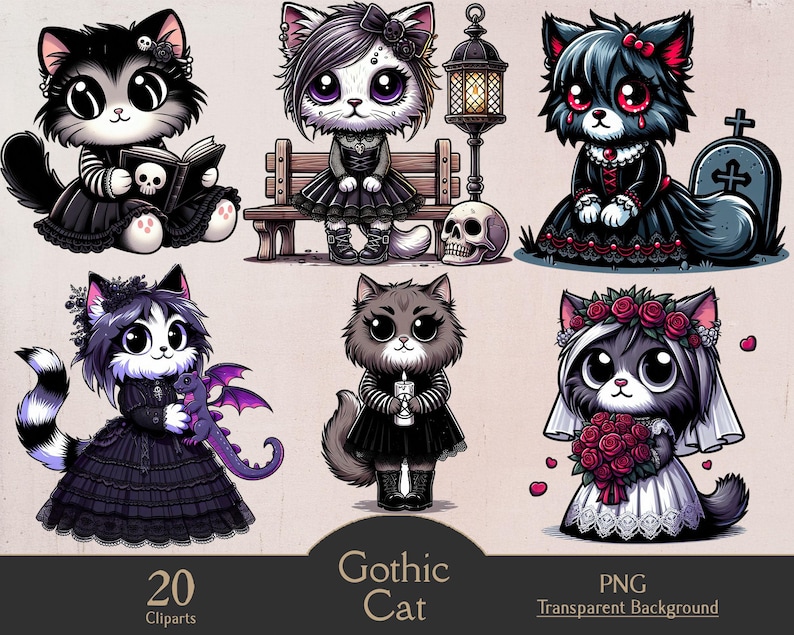 Gothic Cat, 20 PNG Cliparts, Whimsical Cat, Fantasy, Magic, Digital, Download, Printable, Junk ...