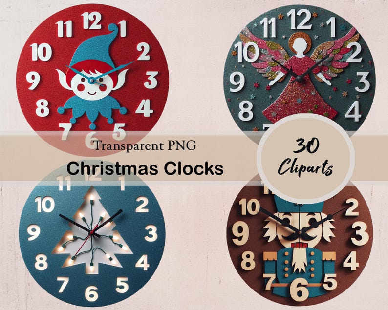 Christmas Clocks, 30 PNG Cliparts, Wall Clocks, Decor Clock, Digital ...