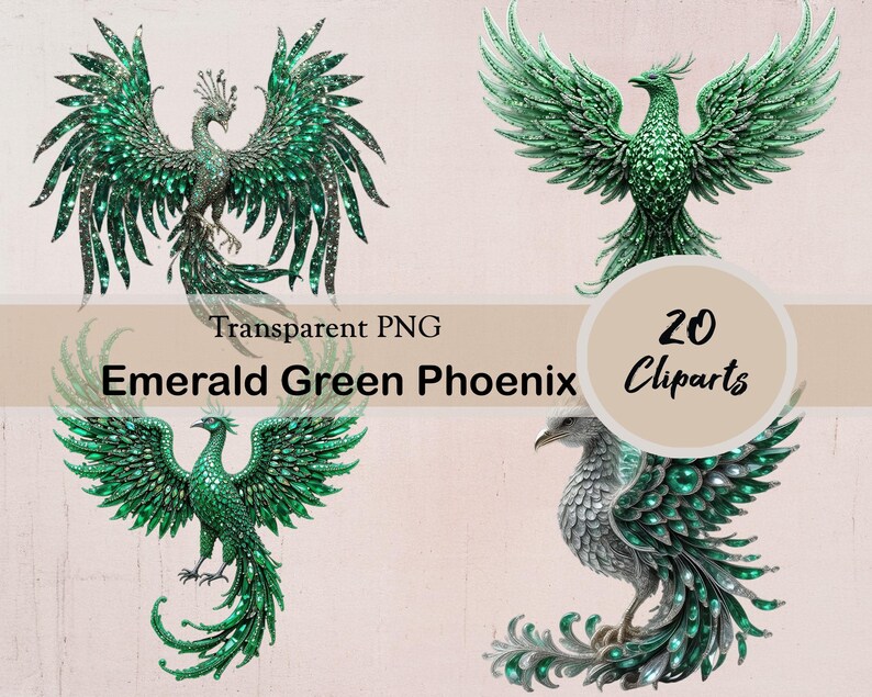 Emerald Green Sparkling Phoenix Clipart, Glitter Legendary Phoenix, 20 ...