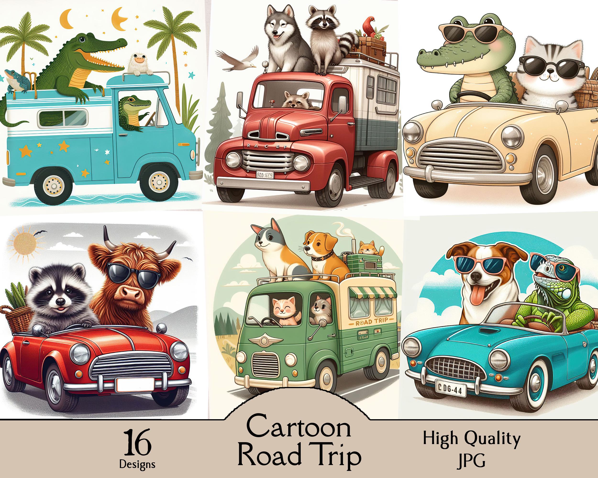 Cartoon Road Trip, 16 JPG Images, Clipart, Nursery, Baby Room, Baby ...