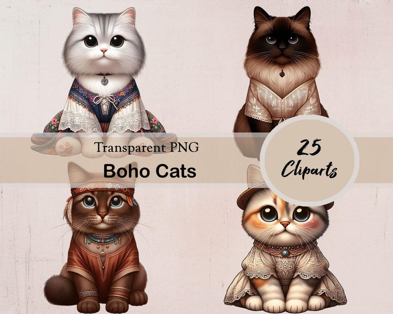 Boho Cat Clipart, 25 PNG Cliparts, Colorful Bohemian Cat Illustration ...