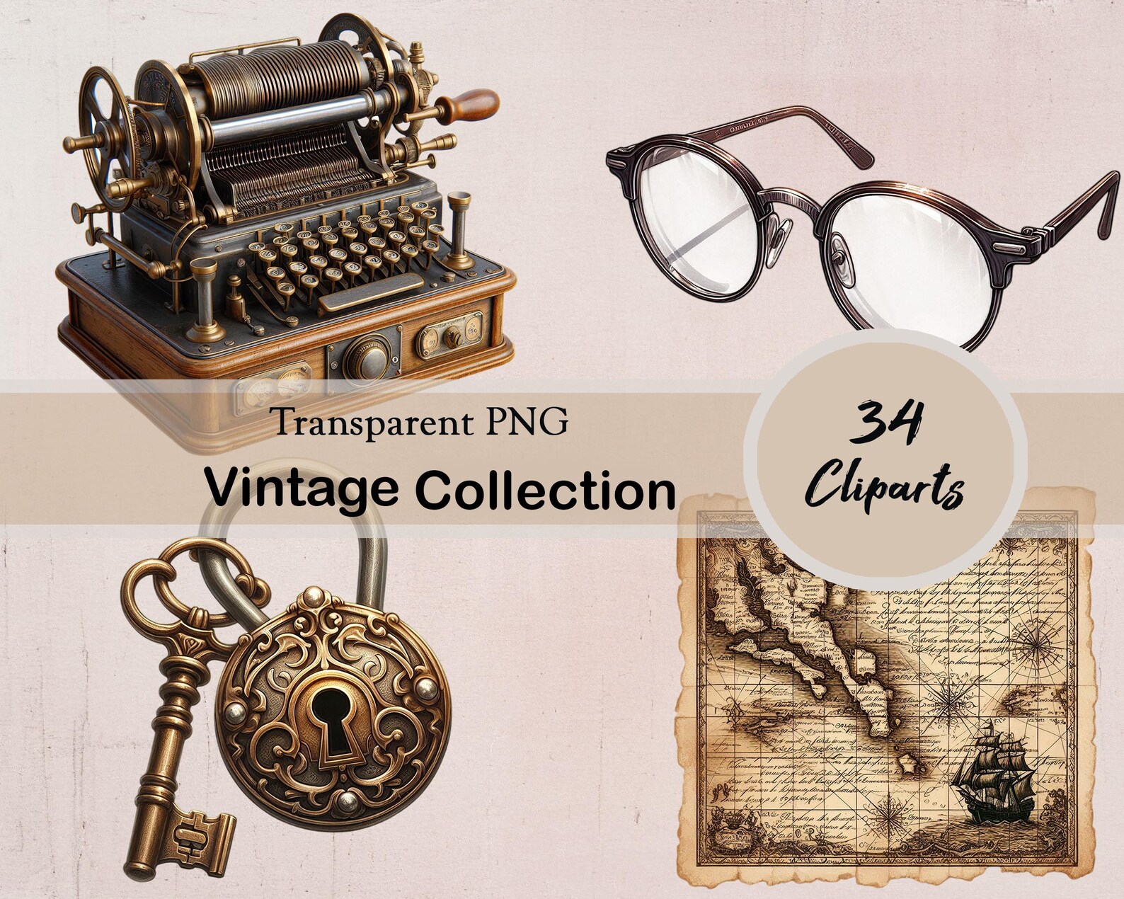 Vintage Collection Clipart, 34 PNG Cliparts With Transparent Background ...
