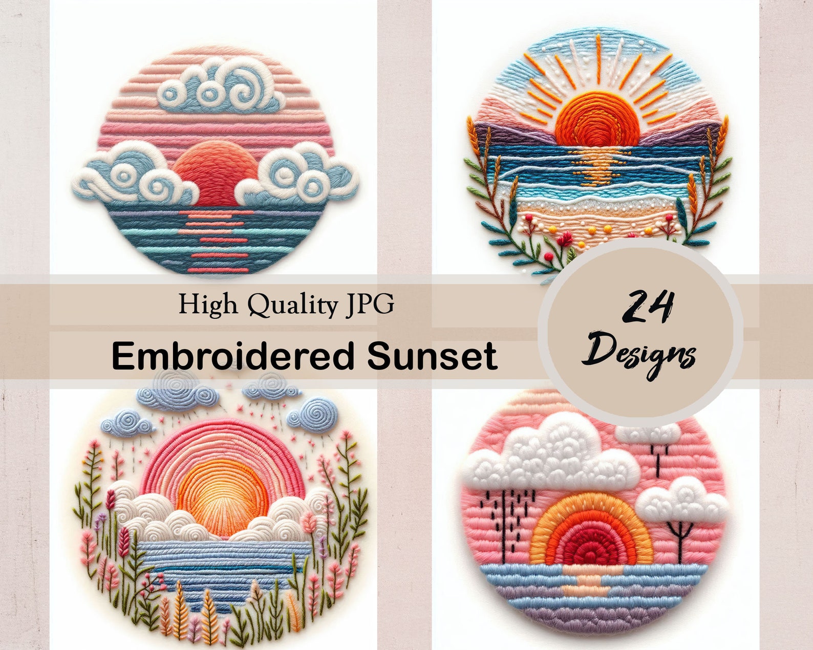 Embroidered Sunset, 24 JPG Images, Embroidery, Sunset, Landscape ...