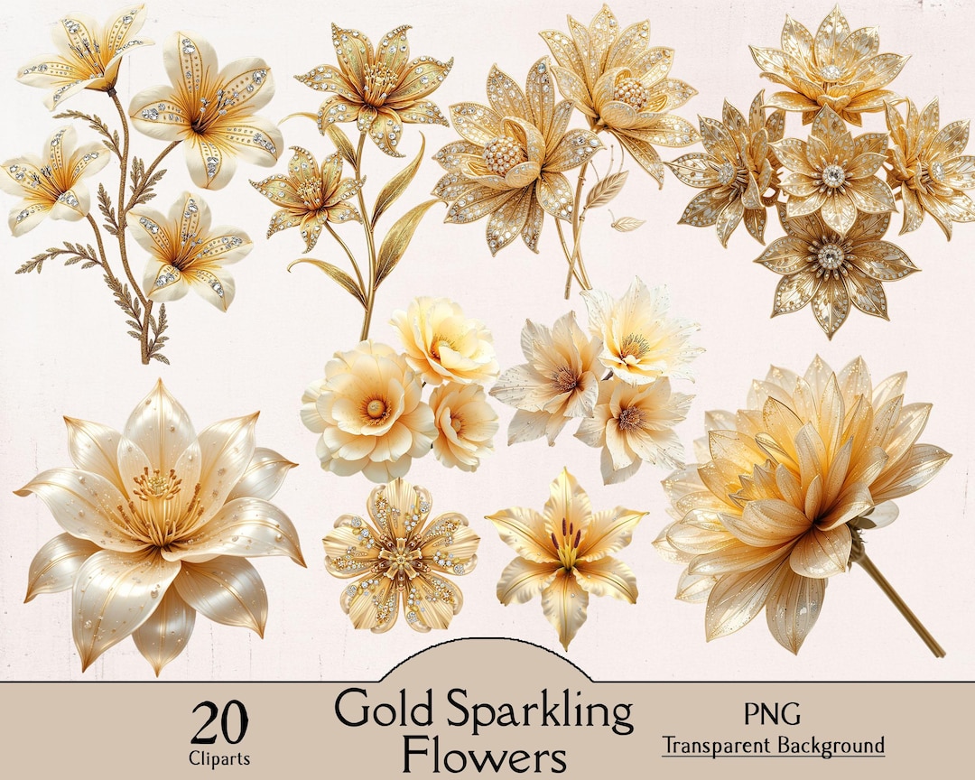 Gold Sparkling Flower Clipart, Glitter Flower, Ethereal Flower, 20 PNG ...