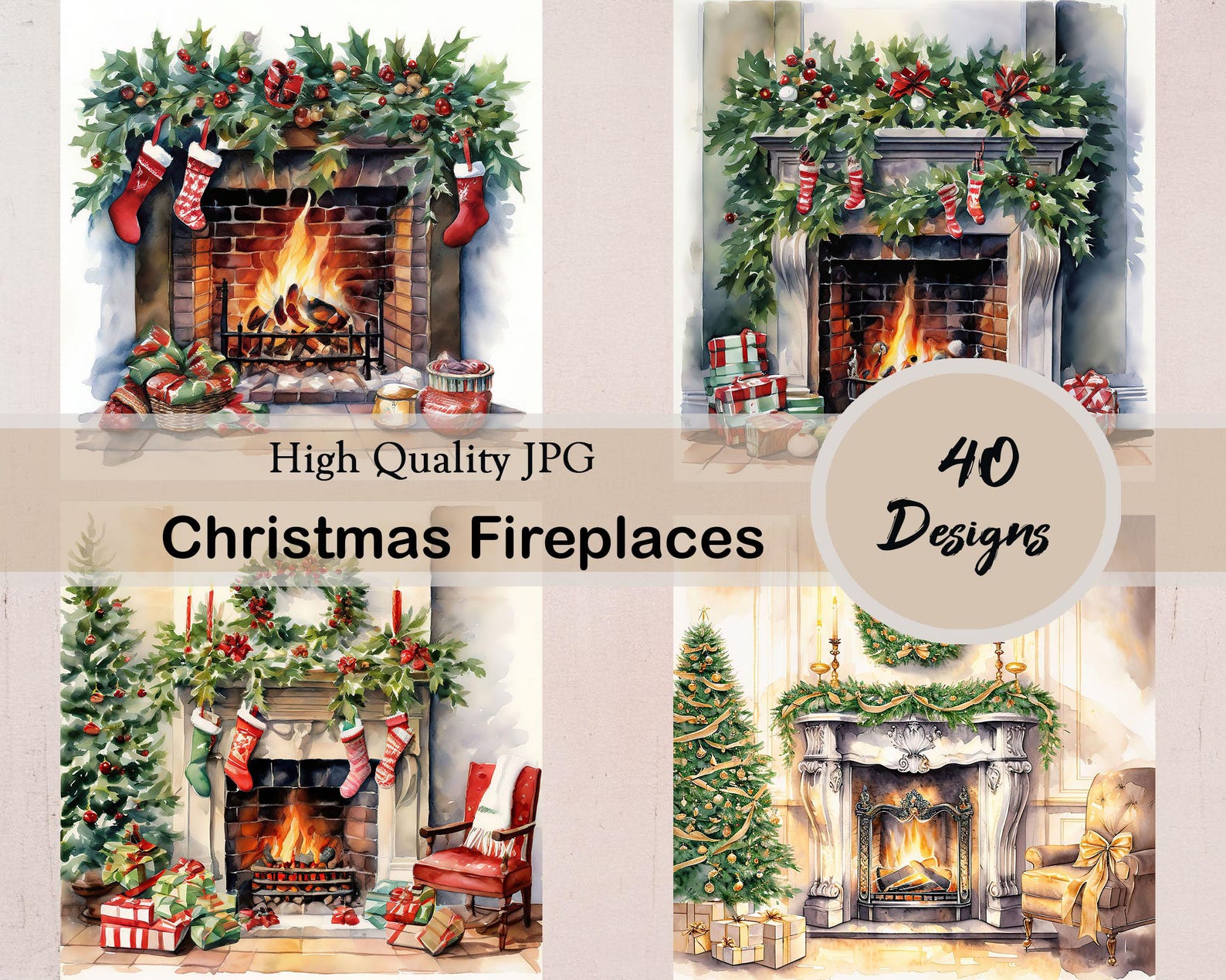 Christmas Fireplaces, Winter Fireplaces. 40 JPG Images, Digital, Paper ...