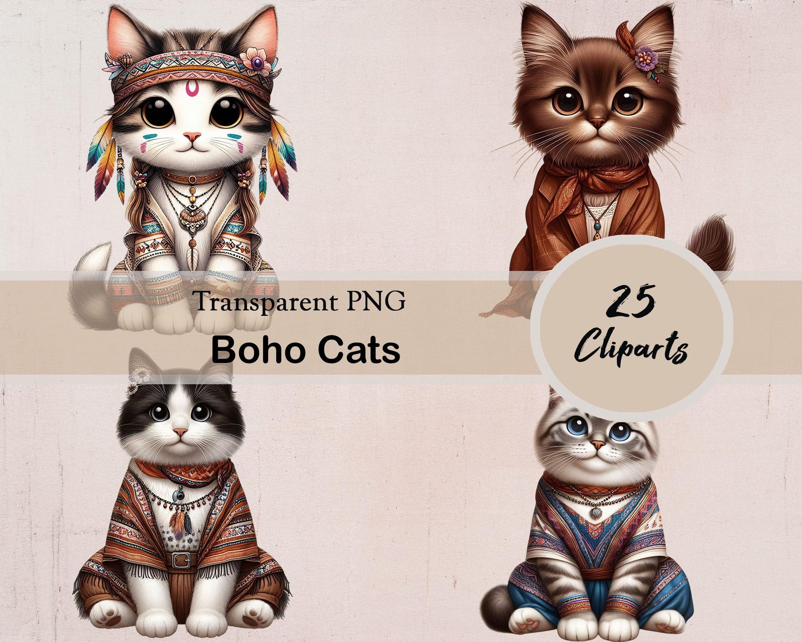 Boho Cat Clipart, 25 PNG Cliparts, Colorful Bohemian Cat Illustration ...