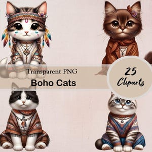 Boho Cat Clipart, 25 PNG Cliparts, Colorful Bohemian Cat Illustration ...