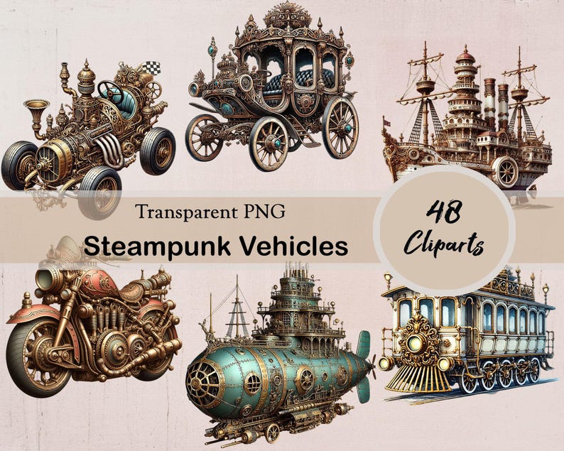 Steampunk Vehicles, 48 PNG Steampunk Cliparts, Watercolor, Steampunk ...