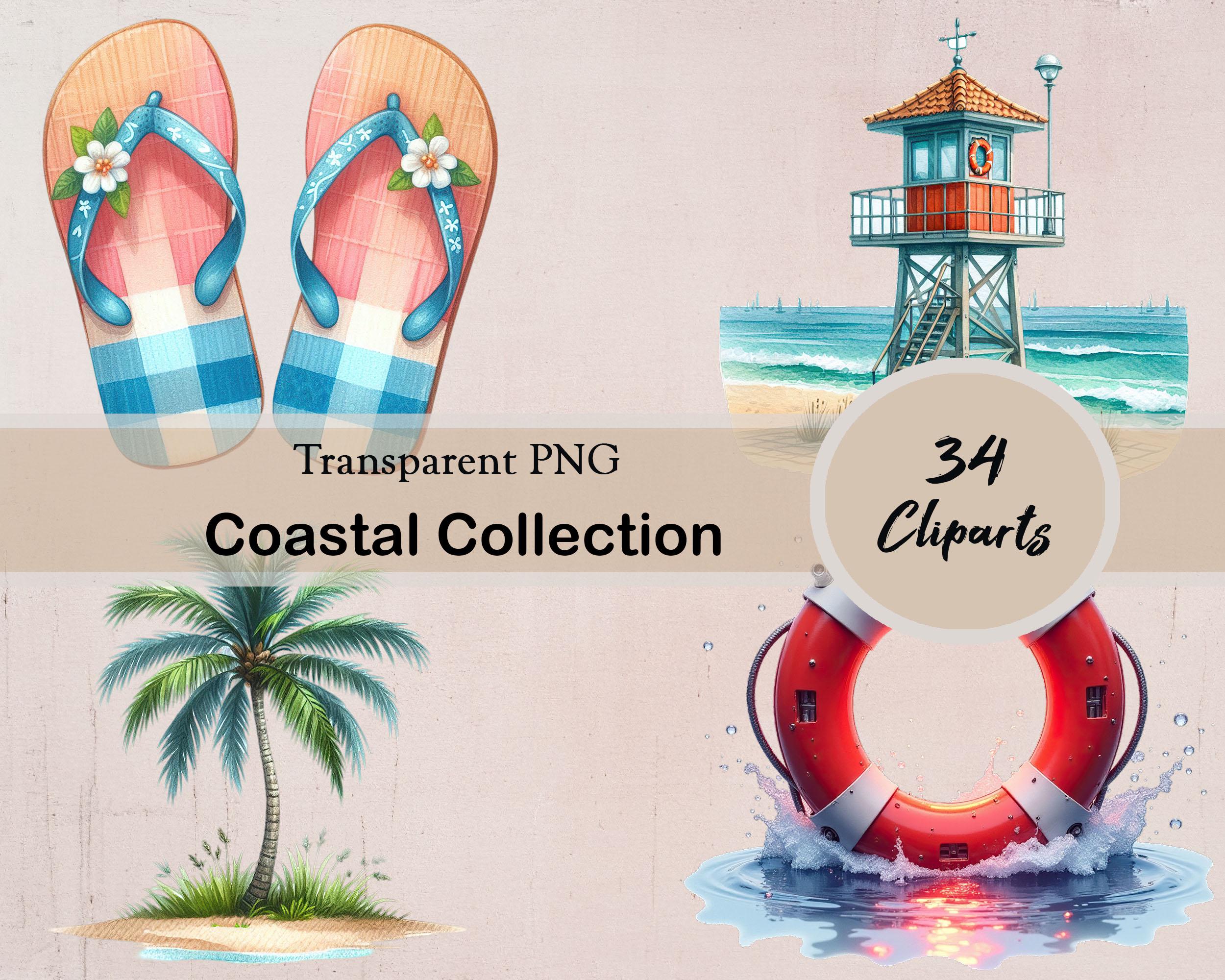 Watercolor Coastal Clipart Collection, 34 PNG Cliparts, Summer Clipart ...