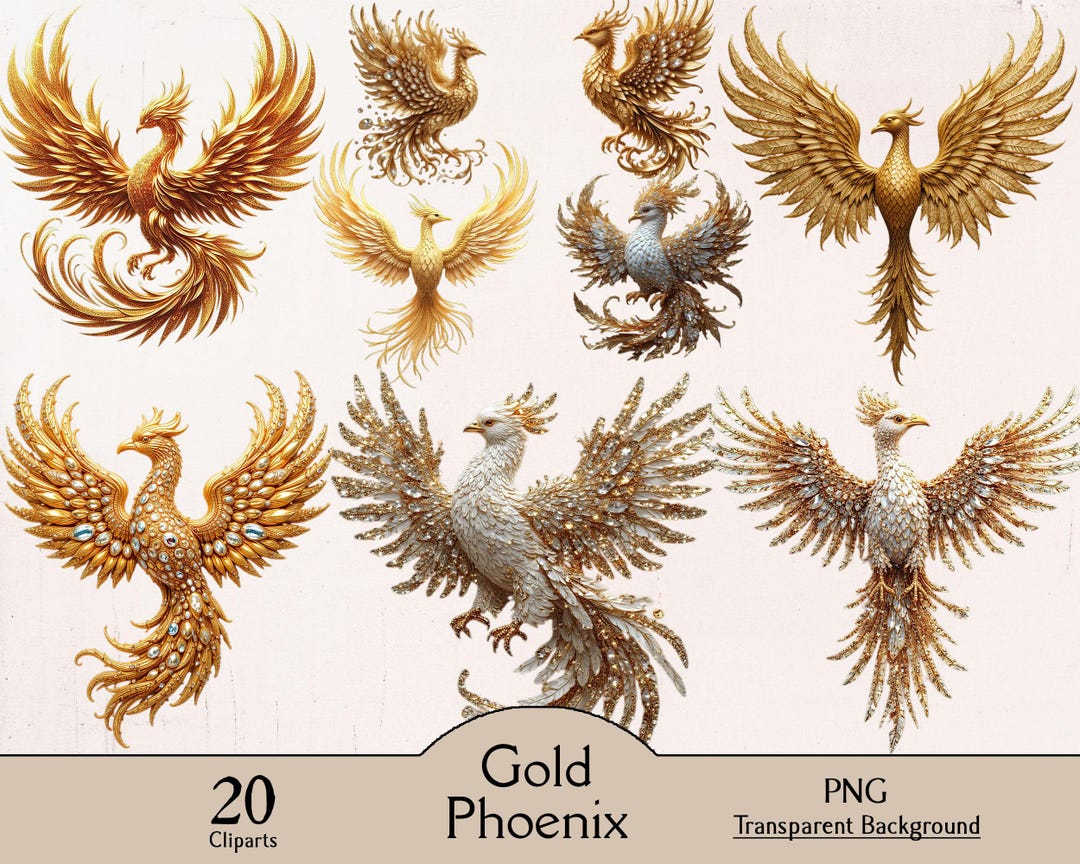 Gold Sparkling Phoenix Clipart, Glitter Legendary Phoenix, 20 PNG ...