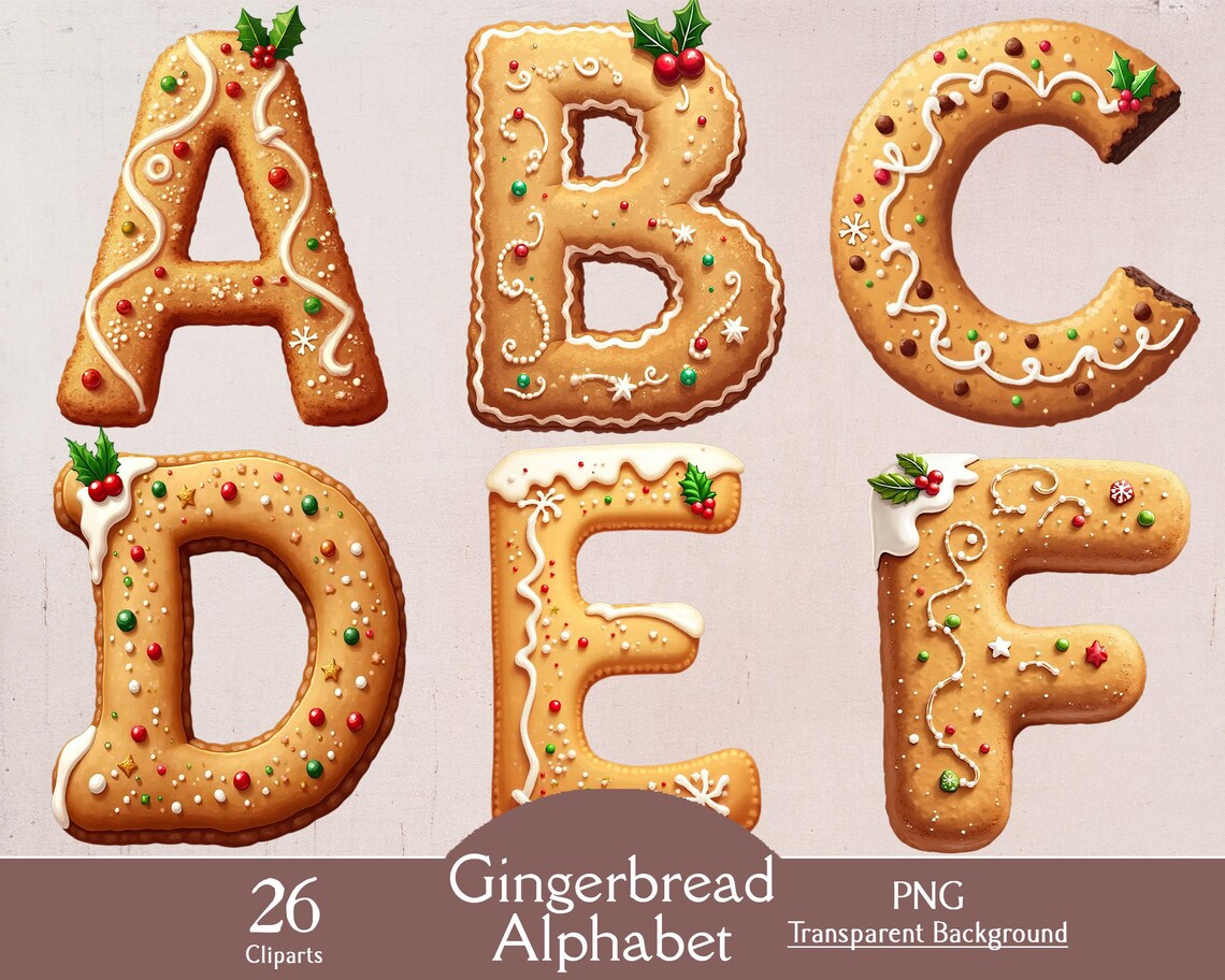 Gingerbread Alphabet Clipart, Christmas Alphabet, 26 PNG Cliparts ...
