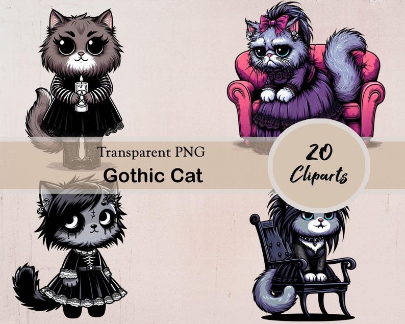 Gothic Cat, 20 PNG Cliparts, Whimsical Cat, Fantasy, Magic, Digital, Download, Printable, Junk ...