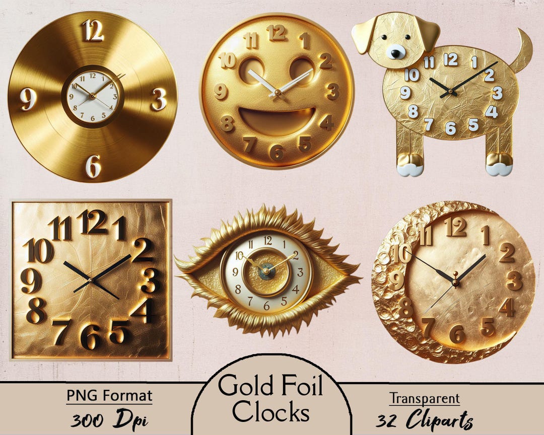 Gold Foil Clocks, 32 PNG Cliparts, Gold Clocks, Wall Clocks, Table ...