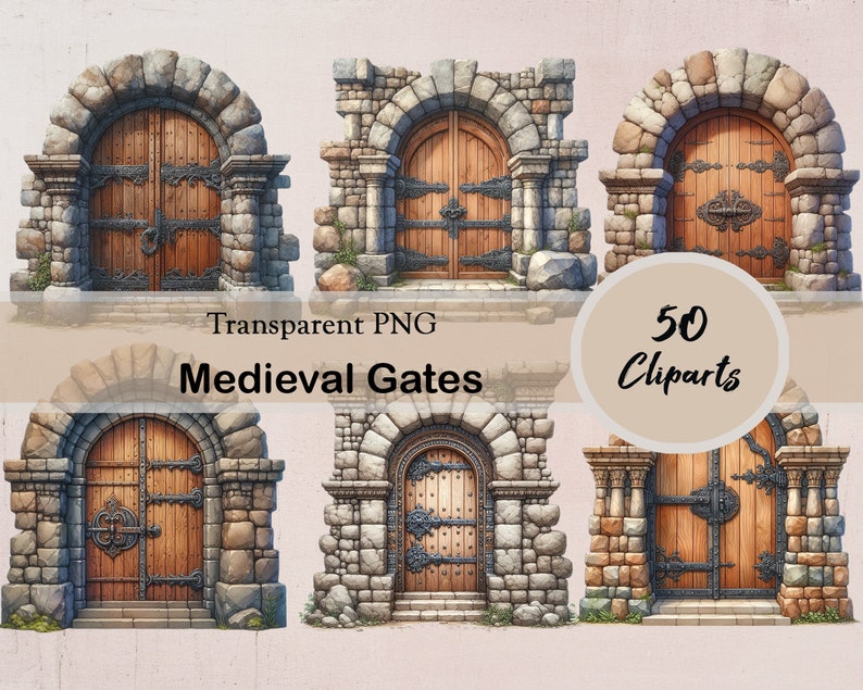 Medieval Gates, 50 PNG Cliparts, Fantasy Wooden Doors, Dungeon Entrance ...