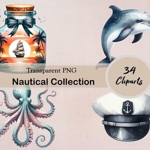 Nautical Collection Clipart, 34 PNG Cliparts, Watercolor Coastal, Sea ...