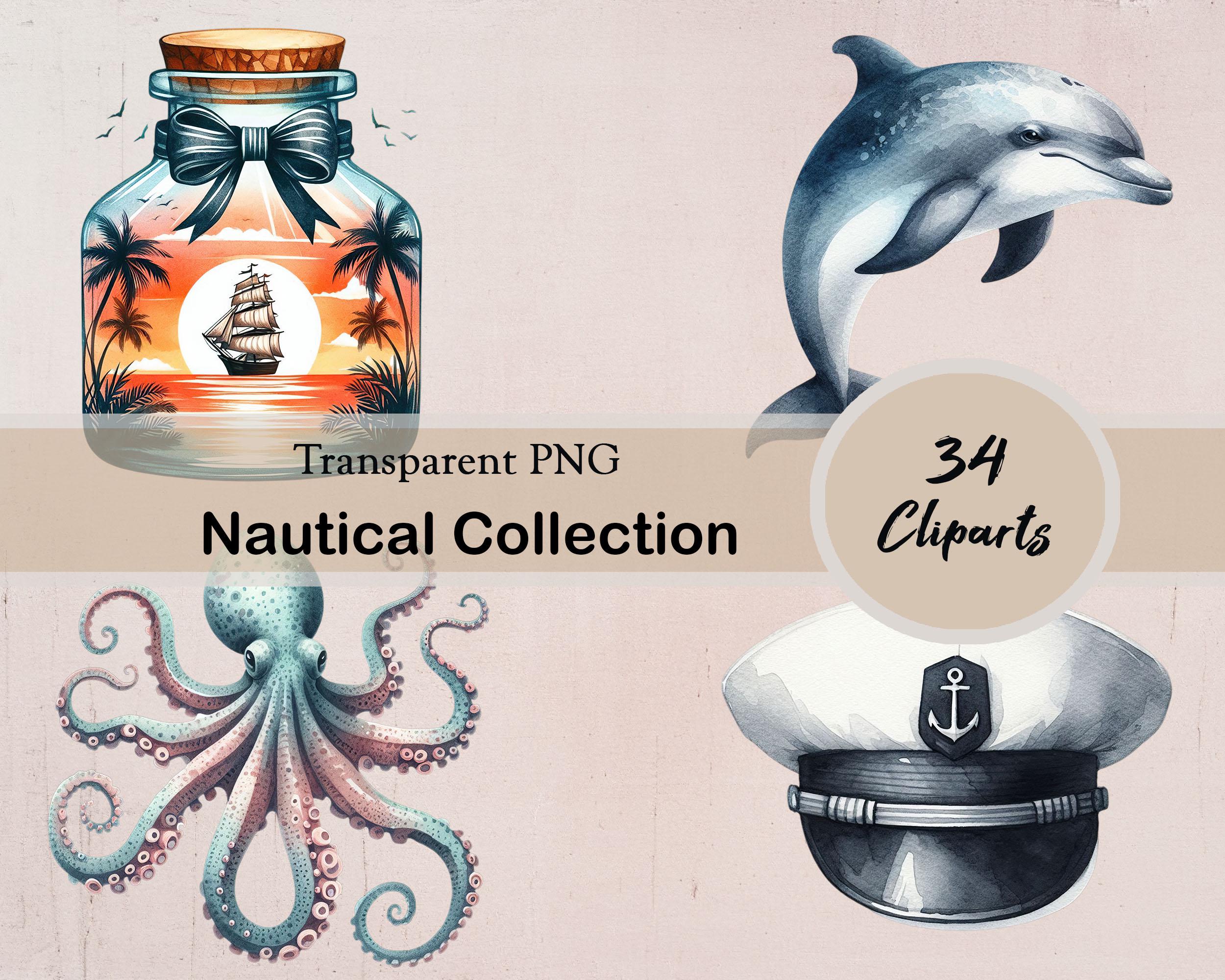Nautical Collection Clipart, 34 PNG Cliparts, Watercolor Coastal, Sea ...