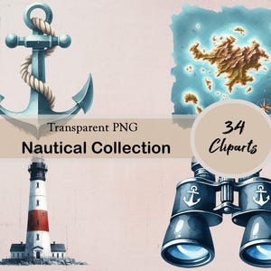 Nautical Collection Clipart, 34 PNG Cliparts, Watercolor Coastal, Sea ...