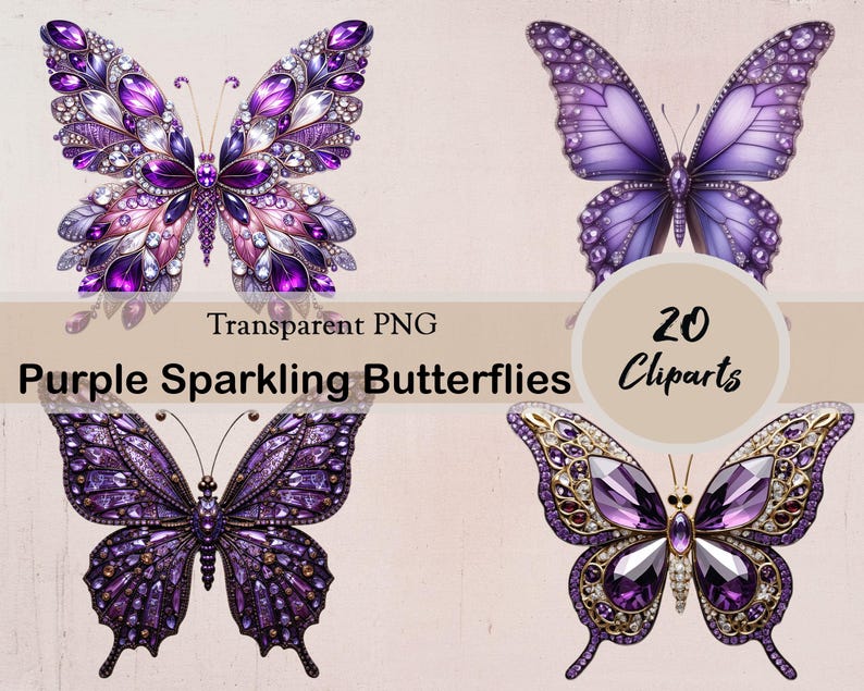 Purple Sparkling Butterfly, Glitter Butterfly, 20 PNG Cliparts, Wedding ...