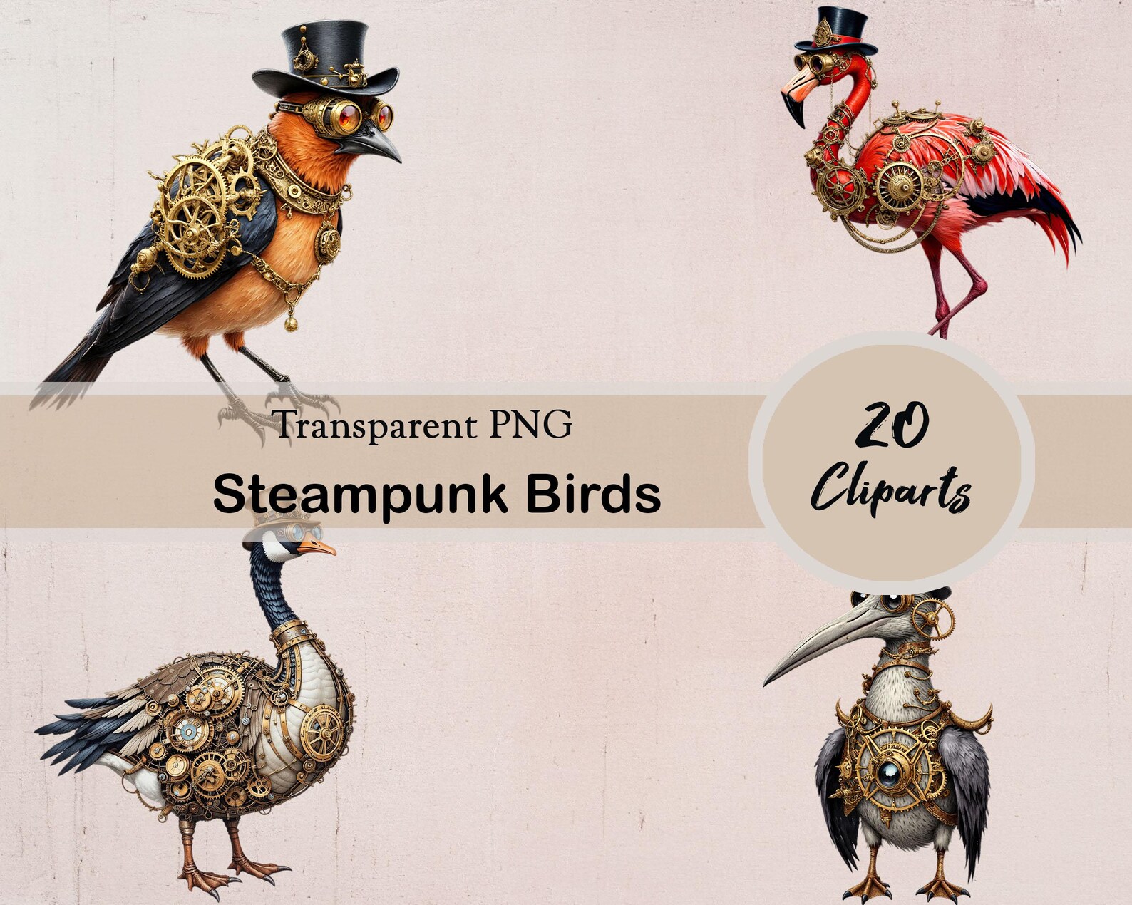 Steampunk Birds, 20 PNG Cliparts, Strampunk Animals, Steampunk Clipart ...
