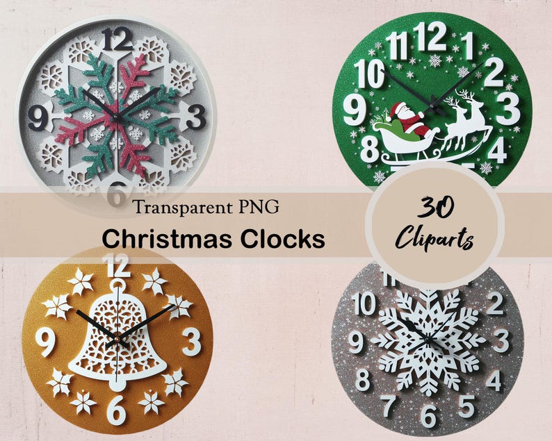 Christmas Clocks, 30 PNG Cliparts, Wall Clocks, Table Clocks, Digital ...