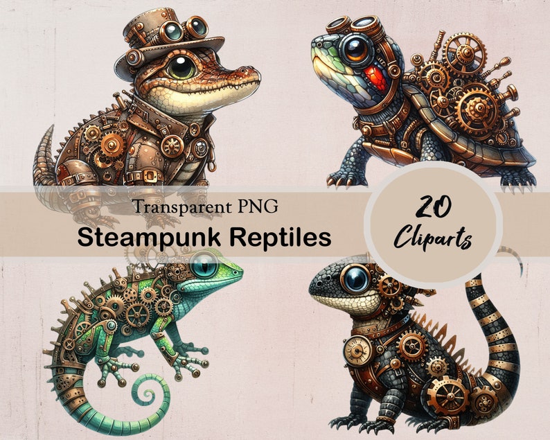 Steampunk Reptiles, 20 PNG Cliparts, Steampunk, Animals, Printable, Digital, Download, Junk ...