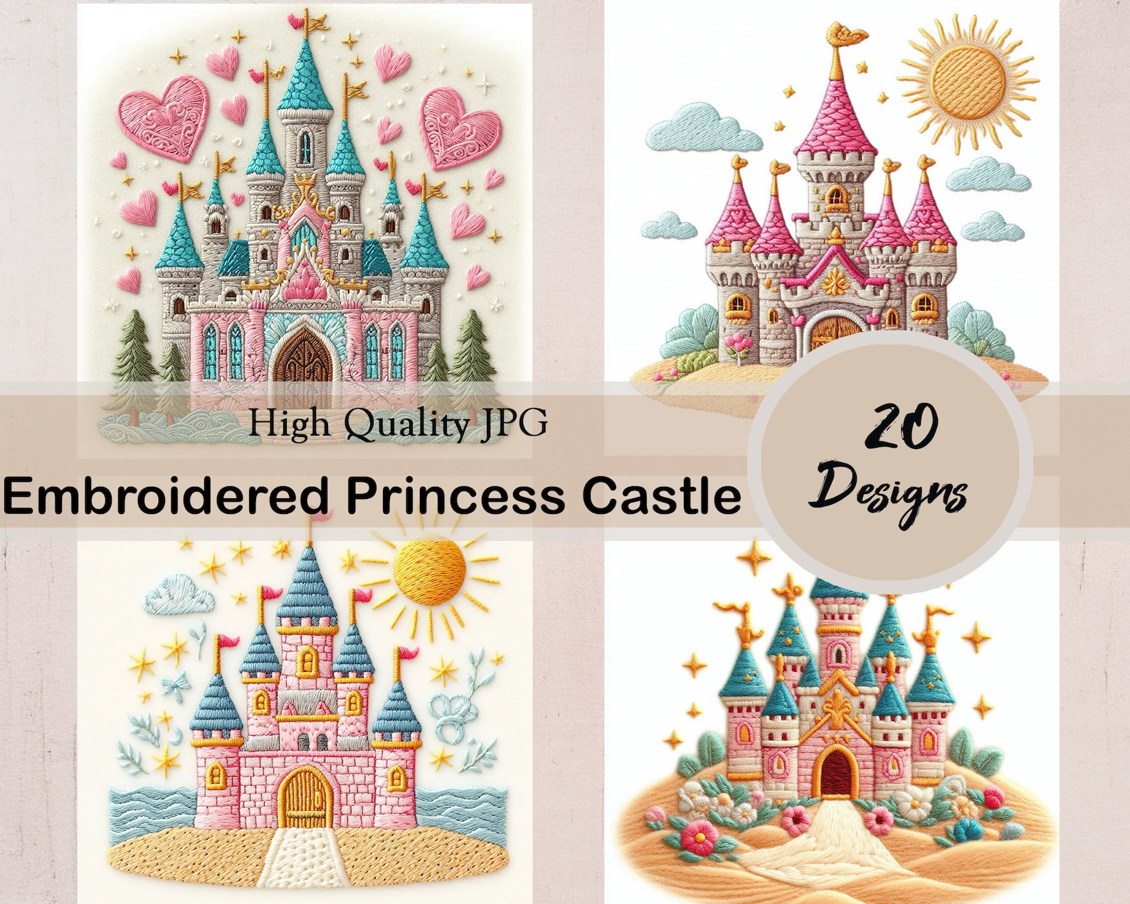 Embroidered Princess Castle, 20 JPG Images, Embroidery, Castle, Kingdom ...