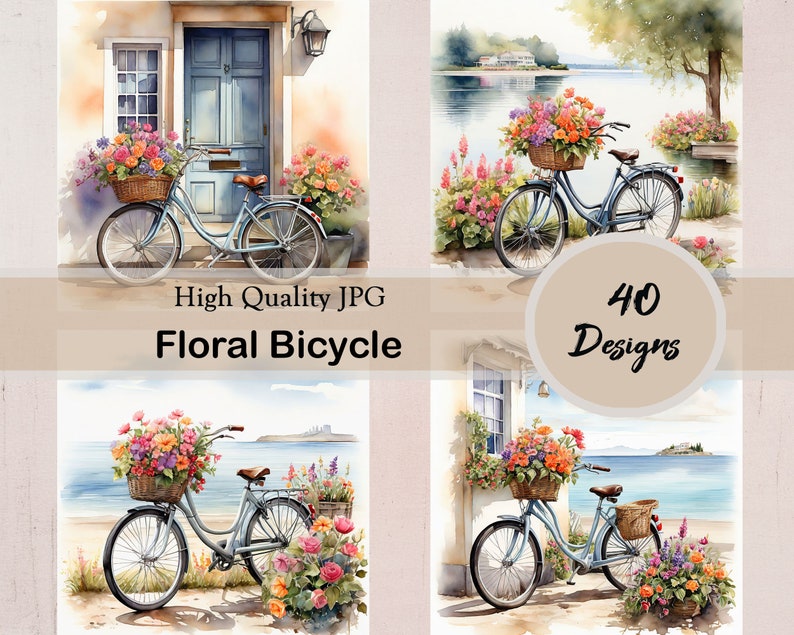 Floral Bicycle, 40 JPG Images, Digital, Download, Paper Craft, Clipart ...