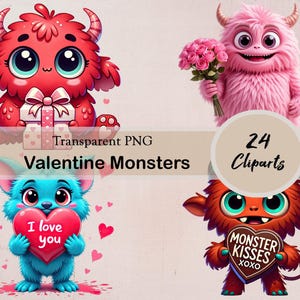 Cute Valentine Monsters, 24 PNG Cliparts, Cartoon Monsters, Watercolor ...