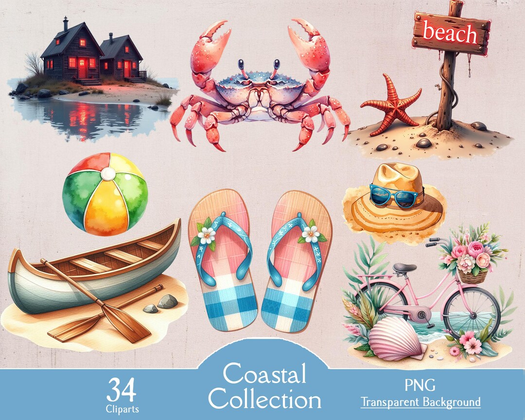 Watercolor Coastal Clipart Collection, 34 PNG Cliparts, Summer Clipart ...