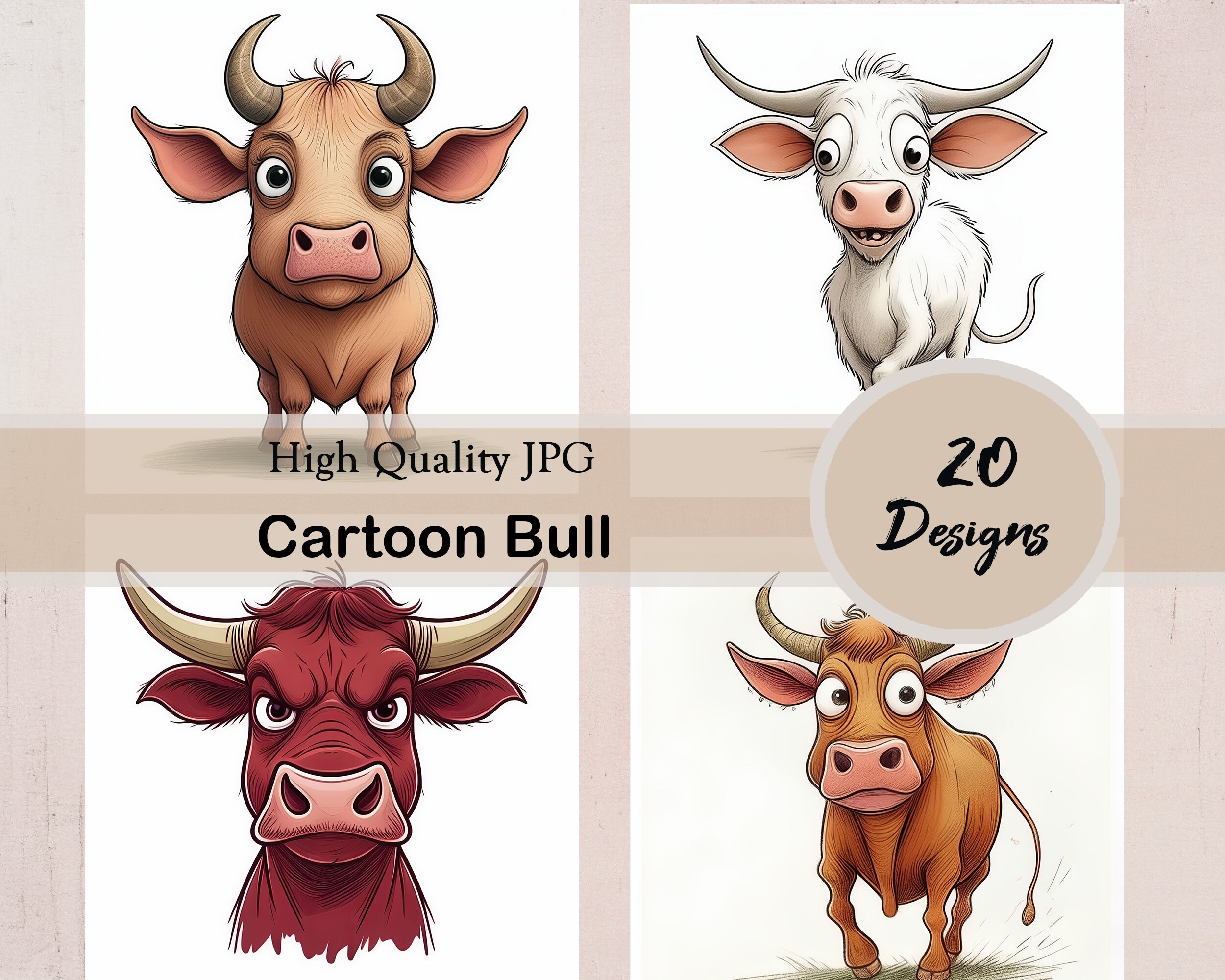Cartoon Bull, 20 JPG Images, Baby Room, Baby Shower, Cute Bull, Digital ...