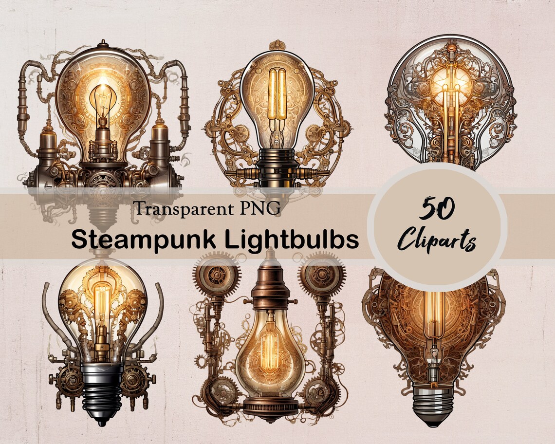 Steampunk Lightbulbs, 50 PNG Cliparts, Steampunk Style, Bulb Clipart ...
