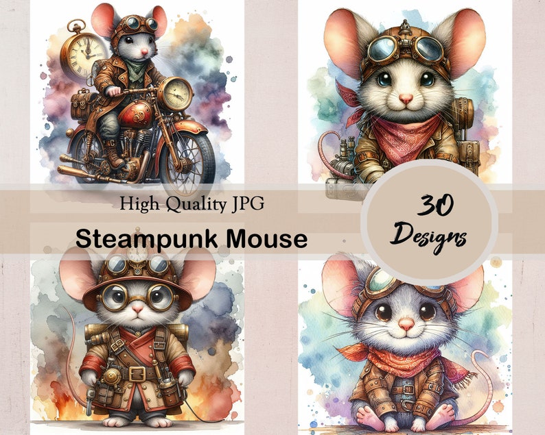 Steampunk Mouse, Watercolor, 30 JPG Images, Digital, Clipart, Steampunk ...