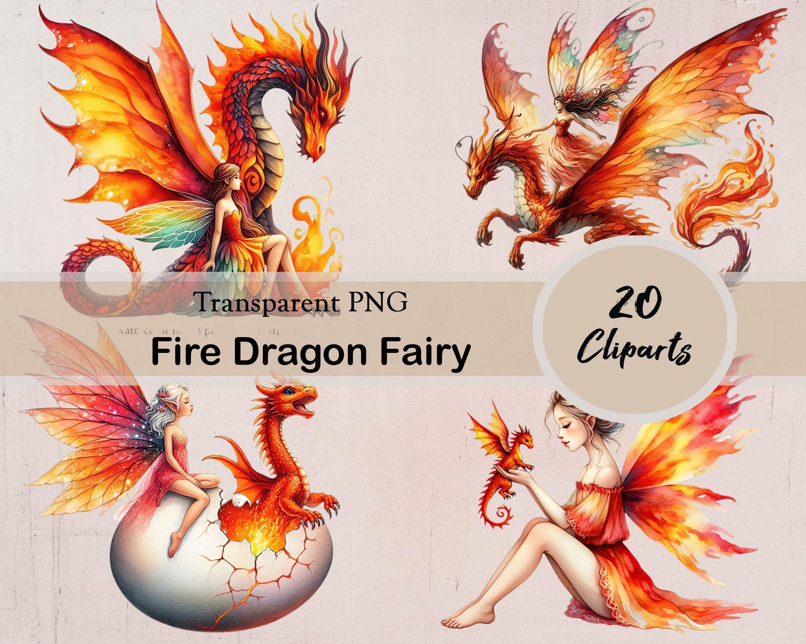 Watercolor Fire Dragon Fairy Clipart Set, Fire Themed Fairies With ...