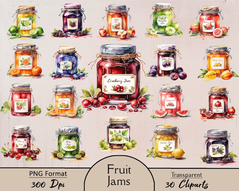 Fruit Jams, 30 PNG Cliparts, Jar Jams, Clipart, Breakfast, Digital ...
