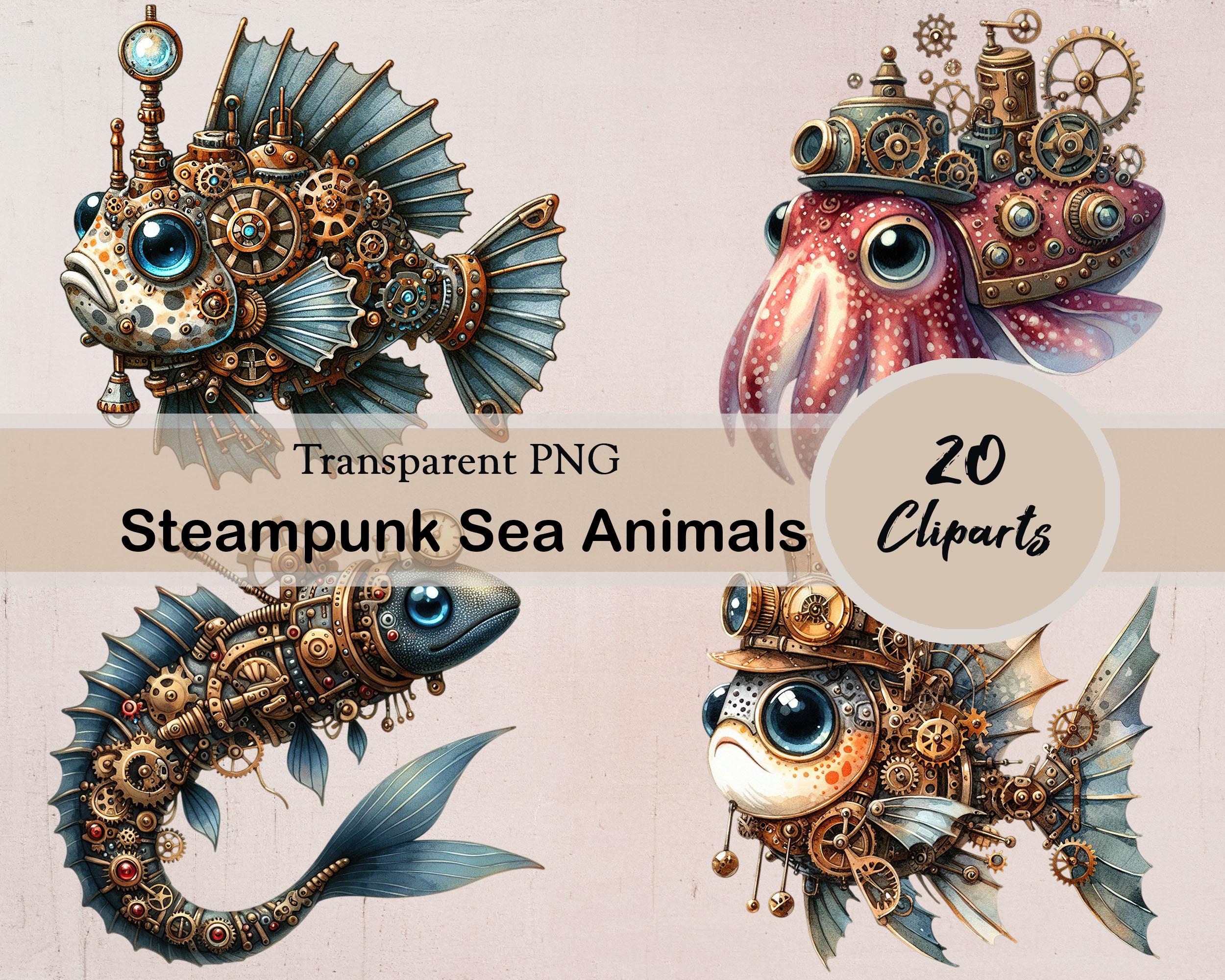 Steampunk Sea Animals, 20 PNG Cliparts, Underwater Clipart, Ocean ...