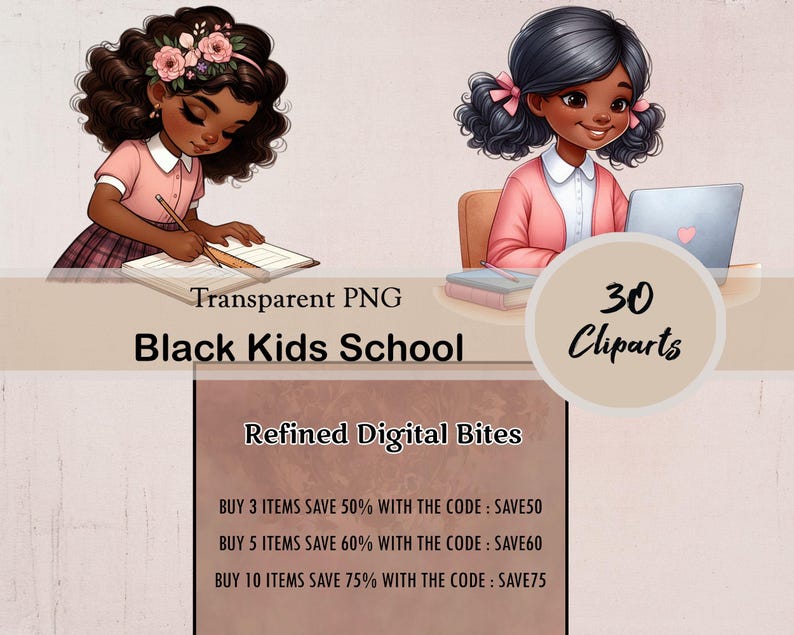 Black Kids School Activities Clipart Bundle, 30 PNG Cliparts, African ...