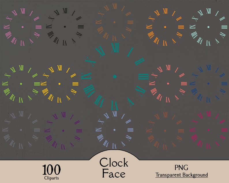 Clock Face With Latin Numbers, 100 Cliparts, 100 Colors, Clock Clipart ...