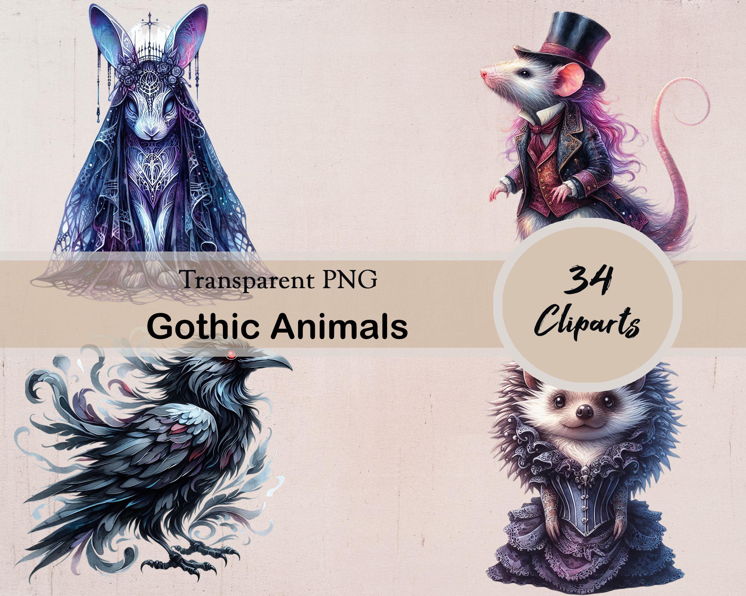 Watercolor Gothic Animals, 34 PNG Cliparts, Watercolor Ethereal Animals ...
