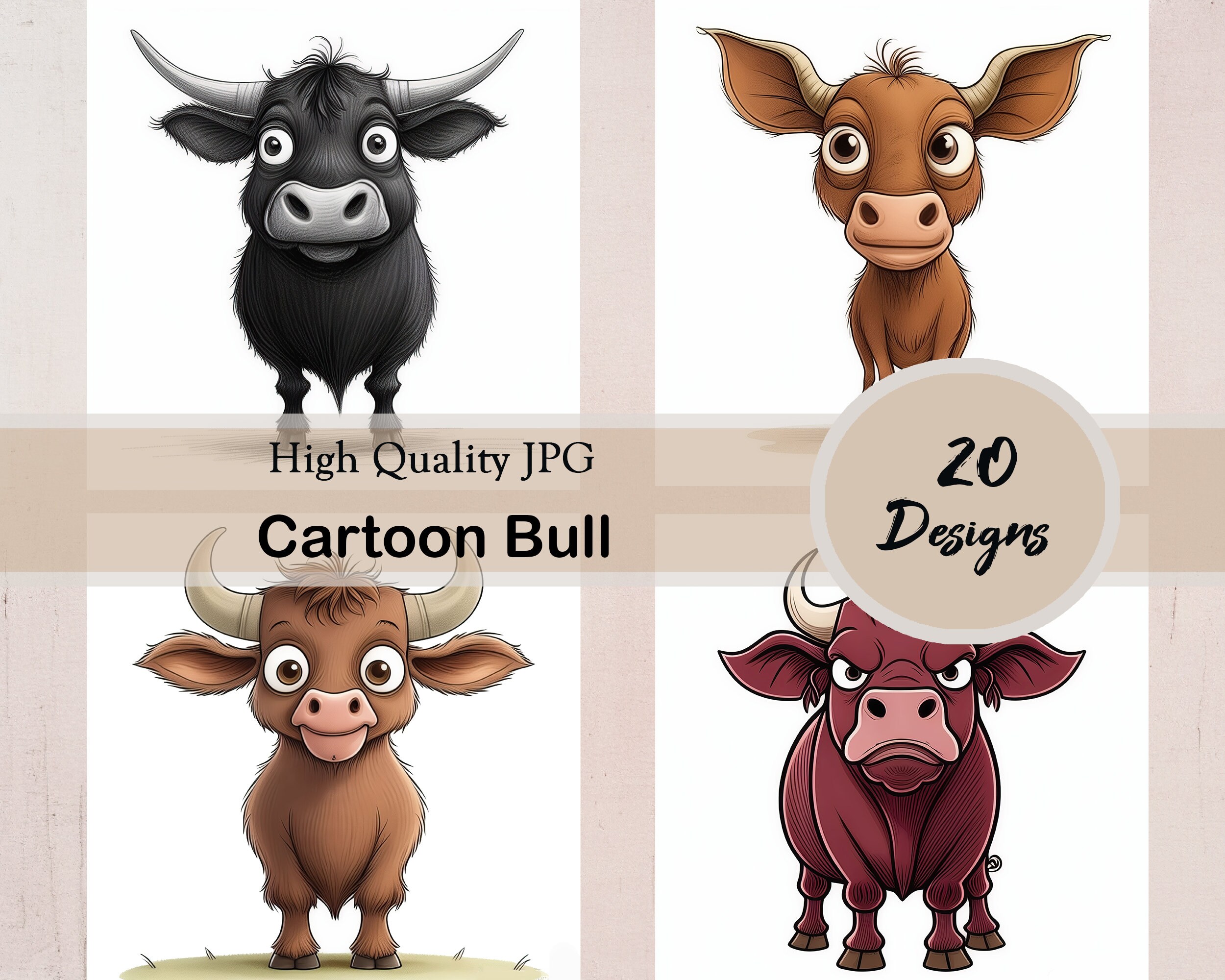 Cartoon Bull, 20 JPG Images, Baby Room, Baby Shower, Cute Bull, Digital ...