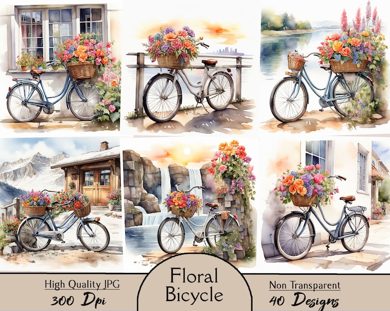 Floral Bicycle, 40 JPG Images, Digital, Download, Paper Craft, Clipart ...