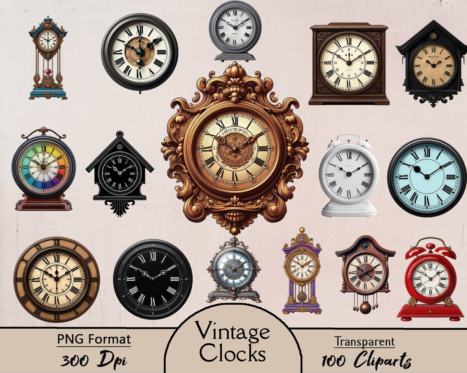 Vintage Clocks, 100 PNG Cliparts, Wall Clocks, Clocks, Retro, Old ...