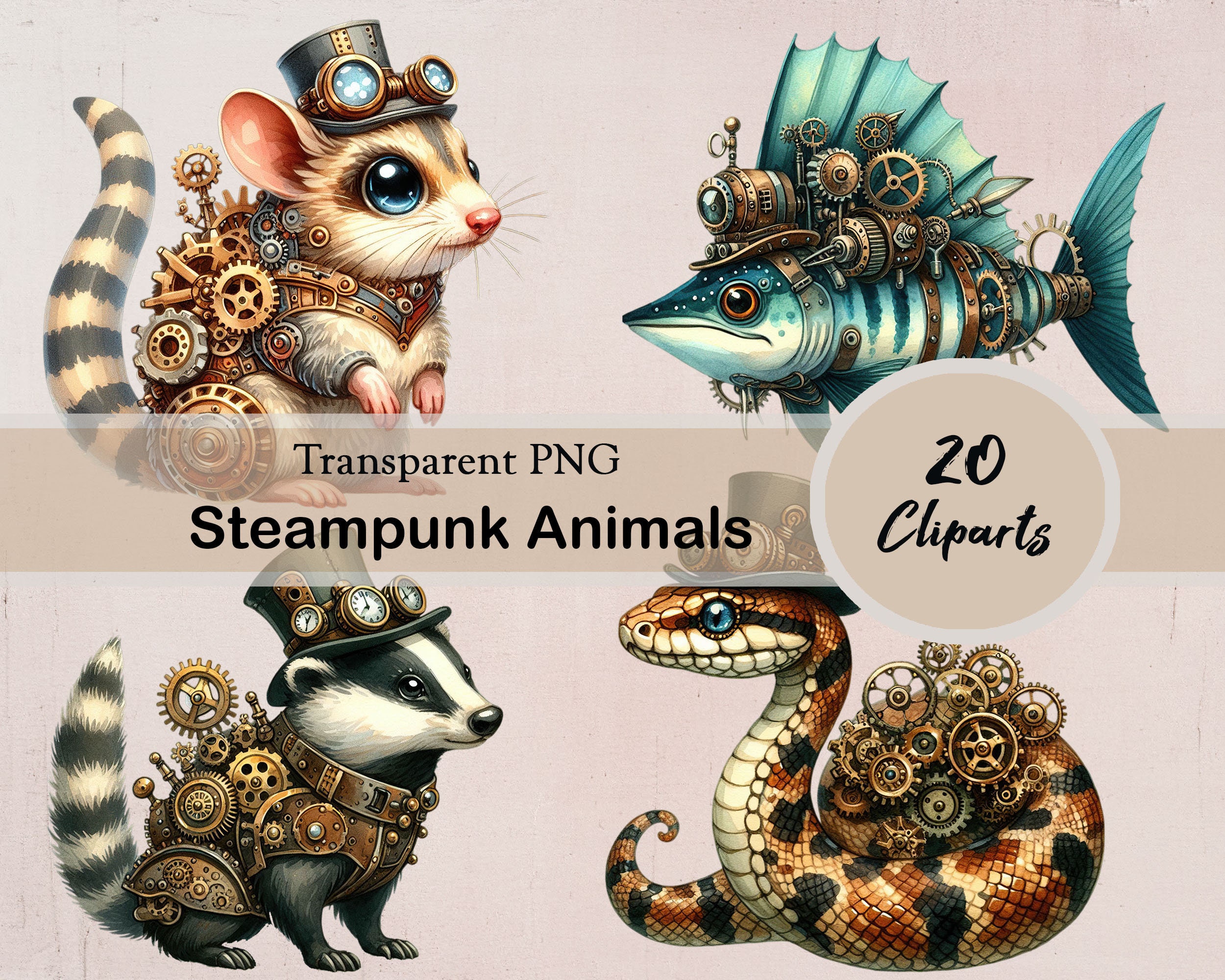 Steampunk Animals, 20 PNG Cliparts, Steampunk, Animal, Printable ...