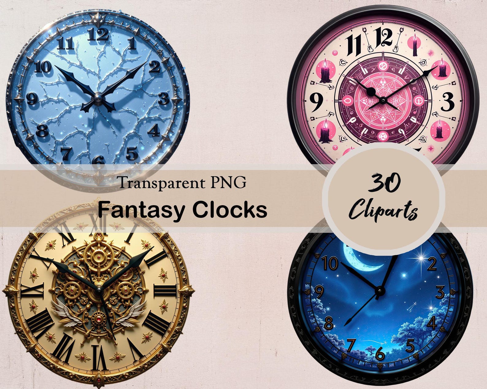 Fantasy Clocks, Magic Clocks, 30 PNG Cliparts, Clocks Clipart, Fantasy ...