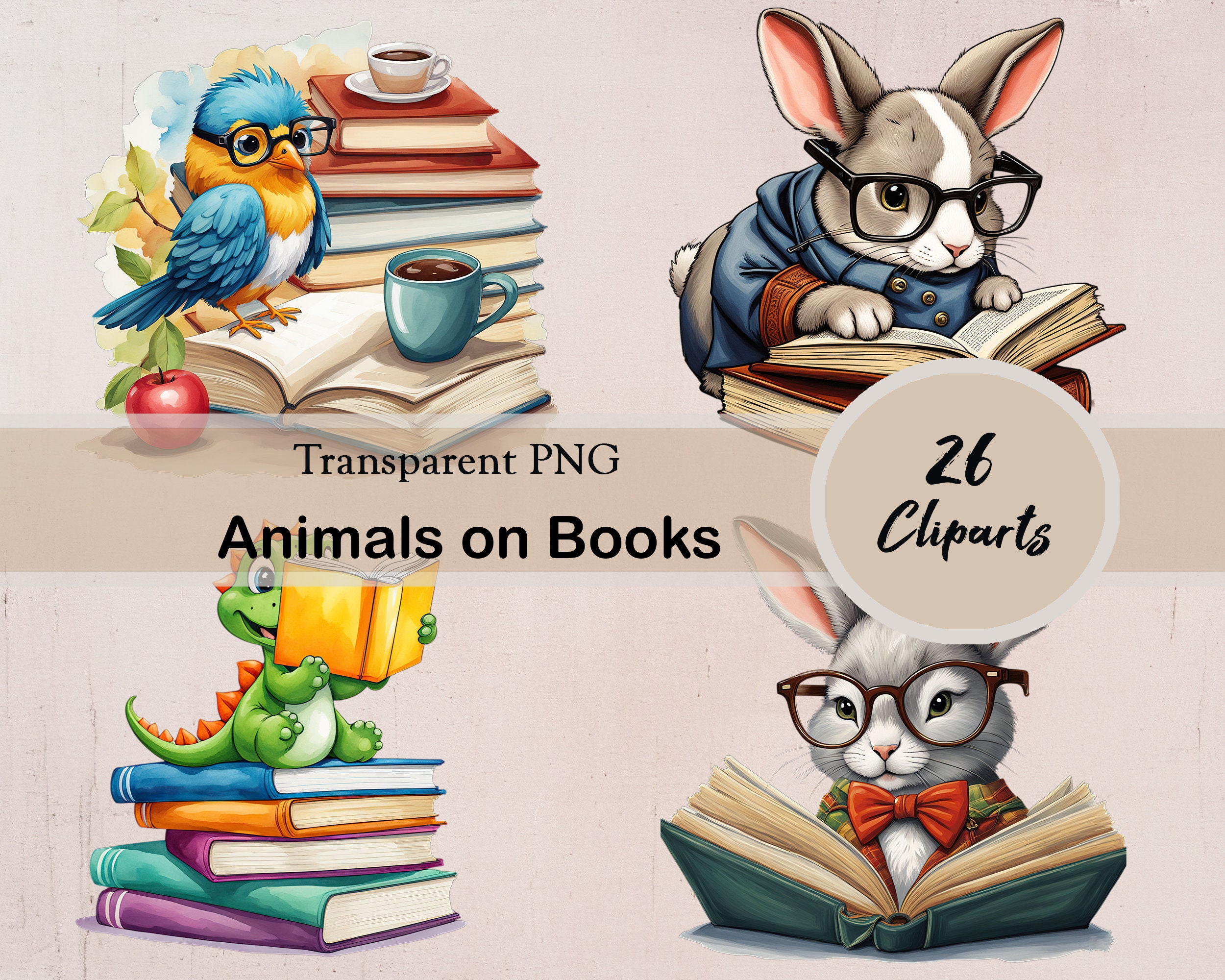 Animals on Books, 26 PNG Cliparts, Animal Books, Digital, Download ...