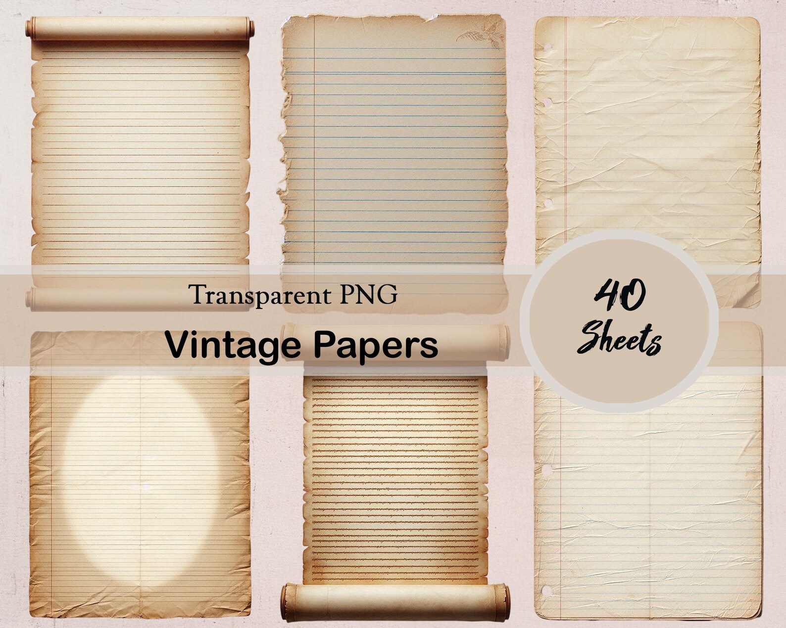 Vintage Papers, 40 Sheets PNG, Printable, Old Paper, Ephemera, Empty ...